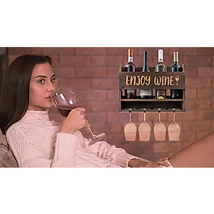 Bezrat Wall Mounted Wine Rack - 4 Wine Glasses Included 12 oz - Rustic Wood Wine Glasses & Bottle Holder, Housewarming Home décor Storage Wine Gifts - Wine Accessories for Women