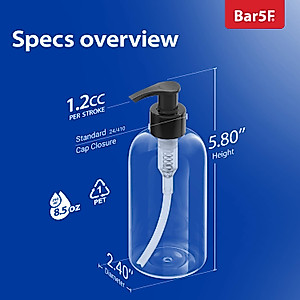 Bar5F Plastic Bottles with Pump Dispenser, 8 oz | Leak Proof, Empty, Clear Refillable, BPA Free for Body Wash, Moisturizer, Face Cream, Liquid Soap | Black & White Pumping Caps | Set of 2