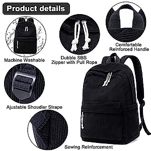School Backpack for Teens Large Corduroy Bookbag Lightweight 17 inch Laptop Bag for Girls Boys Casual High School College (Corduroy-Black)