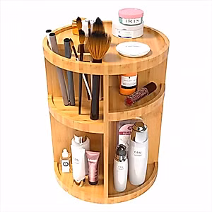 AJIAAIONE 360° Bamboo Makeup Organizer, Cosmetics Organizer，Multi-Function Storage Carousel for Makeup, Toiletries, and More — Great for Vanity, Desk, Bathroom, Bedroom, Closet, Kitchen