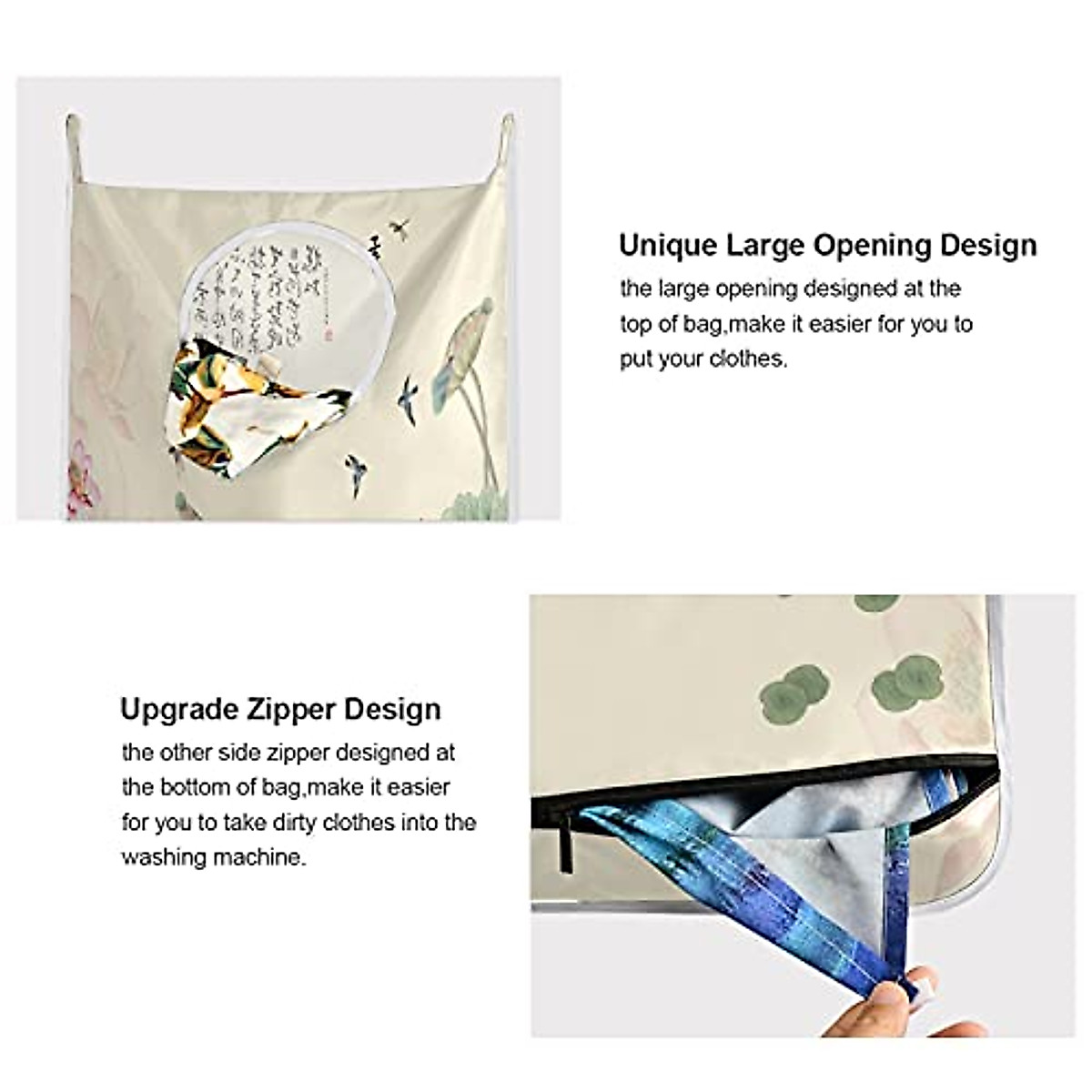xigua Chinese Watercolor Style Lotus Hanging Laundry Hamper Bag, Hanging Laundry Basket for Holding Dirty Clothes, Space Saving Hanging Laundry Bag with Free Adjustable Steel & Suction Cup Hooks 1PCS