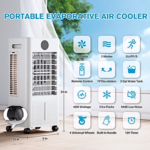 Windowless Portable Air Conditioner, 12H Timer & 2-Gal Tank, 3-IN-1 Portable AC Unit with Remote, 75°Oscillation, 3 Modes & 3 Speeds, Ultra-Quiet 24" Ventless Swamp Cooler for Room Home Office
