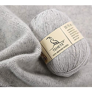TEHETE 100% Merino Wool Yarn for Knitting 3-Ply Luxury Warm Soft Lightweight Crochet Yarn (Light Grey)