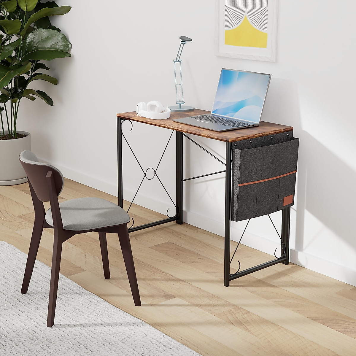 VECELO Folding Desk with Storage Bag 39 Inch Writing Desk Home Office Sturdy Steel Laptop Table for Home Office Work Rustic Brown