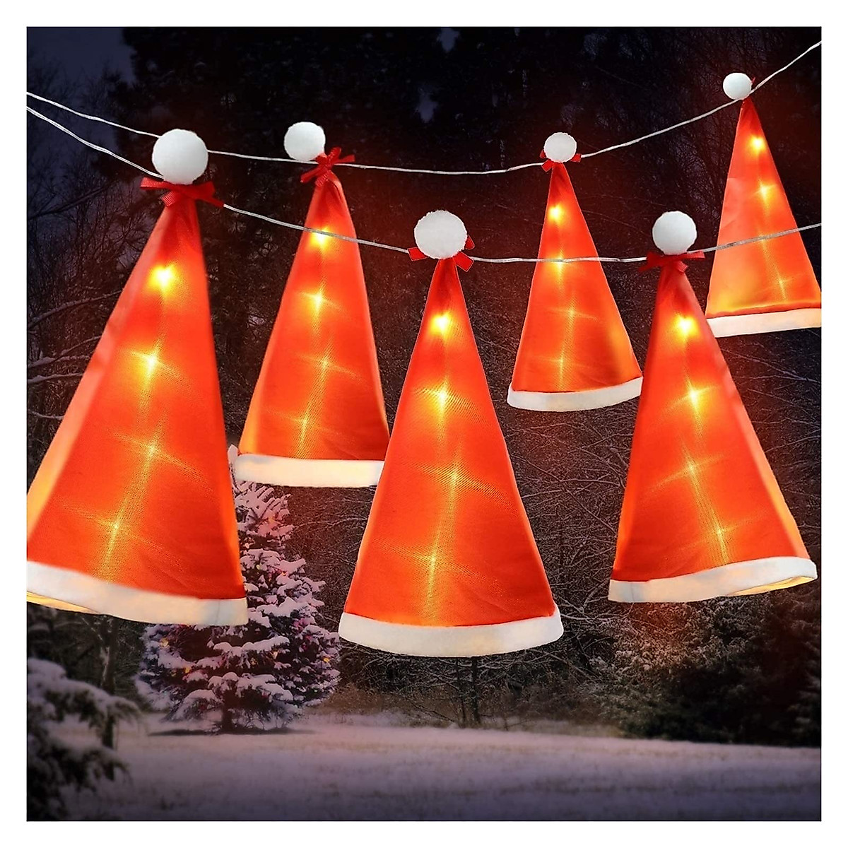 Xmas Hat Outdoor Hanging Light--6 Pieces Hanging Fairy Xmas Hat Waterproof String Lights --18 Leds Safety Fairy String Light With USB Or Battery Powered, Glowing Lights Decor For Home, Garden, Patio P