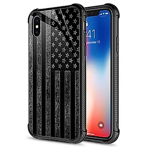 ZHEGAILIAN Case Compatible with iPhone XR Case,Black and White American Flag Case,Tempered Glass Back+Soft Silicone TPU Shock Protective Case for iPhone XR Case.