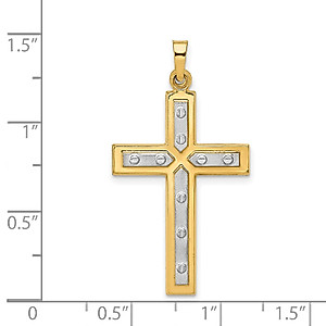 14k Yellow Gold Hollow Latin Cross Pendant With Rhodium Center And Rivet Style Accents 33 mm x 20 mm