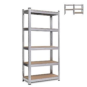 Timati Reversible Metal 5-Tier Adjustable Storage Shelving with Foot Pads, Heavy Duty Garage Shelving for Warehouse, Basement, Kitchen- Silver