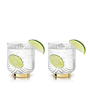 Viski Gatsby Lowball Glasses, Vintage Drinking Tumblers for Whiskey, Scotch & Bourbon, Art Deco Ripple Glassware Arch Design, Gold Plated Base Crystal Drinking Set, Set of 2 , 12oz