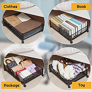 4 Pcs Under Bed Storage with Wheels, Black Rolling Under Bed Bins Drawer Foldable Under bed Containers Metal Under Bed Shoe Storage Organizer for Clothes Blankets, 16 x 24 x 6 Inch