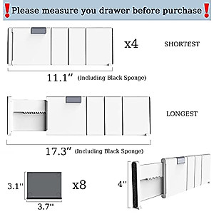 FEXIA 4 Pack Drawer Organizers for Clothing Drawer Dividers 4" High Expandable 11"-17" Adjustable Separators with 8 Inserts Locks in Place for Kitchen Dressers Bedroom Bathroom Home Office Storage