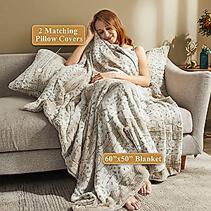 XeGe 3 Pieces Soft Faux Fur Throw Blanket Set, Cheetah Print Brushed Fuzzy Couch Blanket and Pillow Covers, Cozy Fluffy Plush Blanket 50x60 Pillow Cases 20x20 for Bed Living Room, Print Snow Leopard