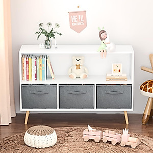 CUANBOZAM 35 Inch Wooden Storage Organizer Cubby with Fabric Bins, Children Kids Bookshelf with Drawers - Toy Storage Cabinet Organizer for Playroom and Bedroom