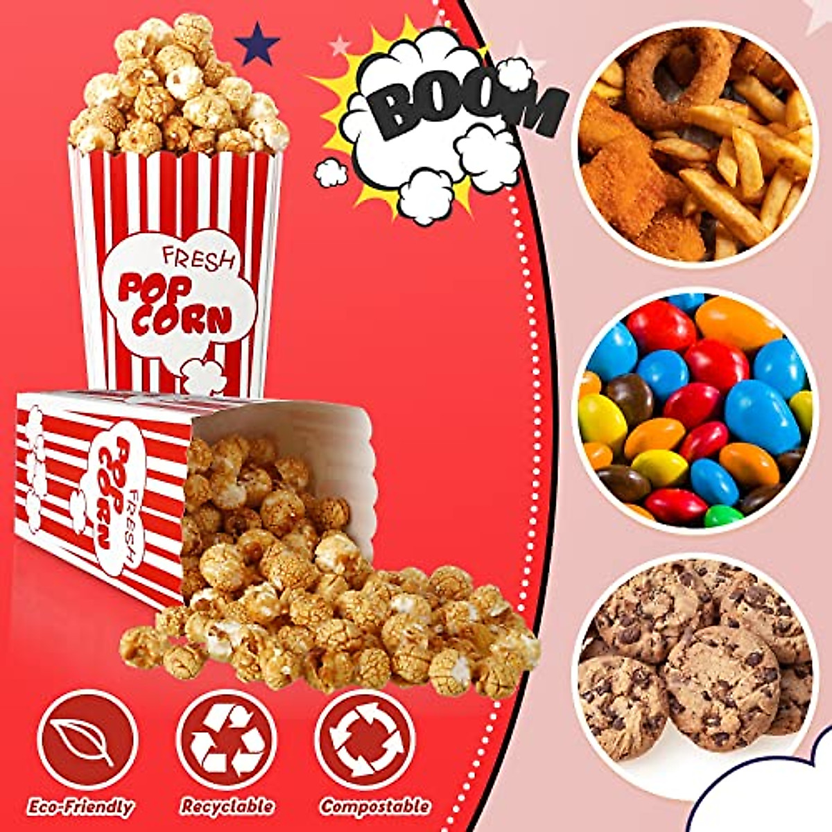 Fuutreo 120 Pack Movie Night Popcorn Box Paper Popcorn Bucket Bowl Bulk 46 oz Red and White Popcorn Bag Snack Container Holder 7.87" for Popcorn Machine Theater Carnival Circus Party Decor Supplies