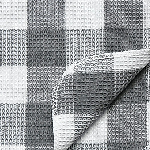 PurpleEssences Waffle Weave Plaid Dish Cloths, 100% Cotton - 12 x 12 Inches, Ultra Soft Absorbent Quick Drying Dish Towels Buffalo Check Dish Rags for Kitchen, 8-Pack - Grey & White