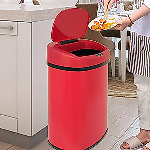 Automatic Sensor 13 Gallon Trash Can, Touch Free Trash Can, No Touch Garbage Can Kitchen Waste Bin, High-Capacity Bathroom Trash Can with Lid for Home Bedroom Office, Power by Battery, Red