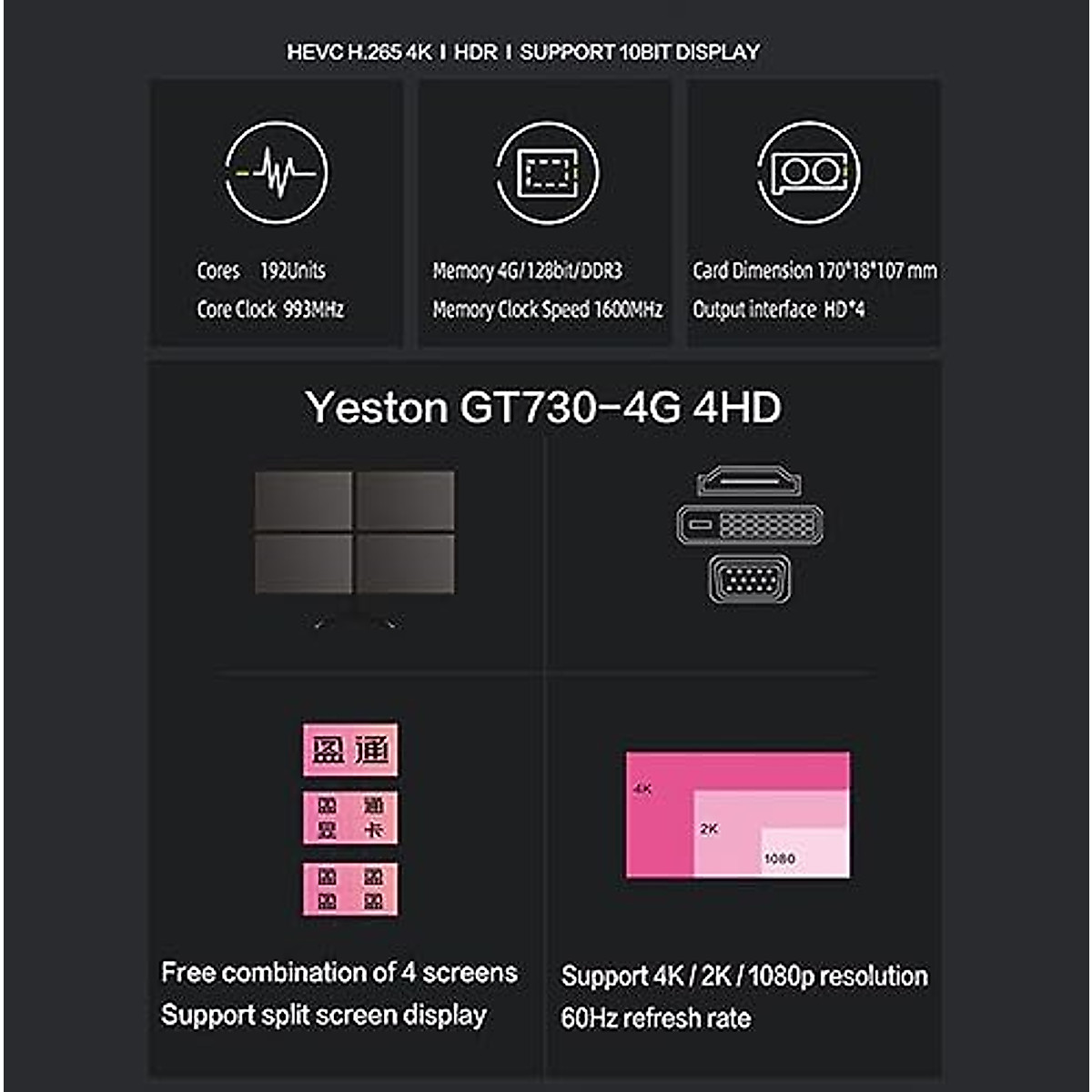 Yeston GT730 4GB 4HDMI Gaming Graphics Cards ,128 bit DDR3 993/1600MHz 4-Screen Graphics Card Support Split Screen 10bit Color Depth HDR with 4 HDMI Ports