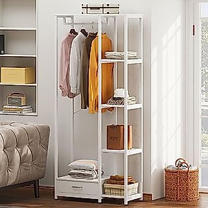SogesHome Hall Tree with 1-Drawer, 3-in-1 Wood Cloth Garment Racks, Coat Stand with 4-Tier Side Storage Shelves, Home Storage Stand Open Display for Living-room, Bedroom, White