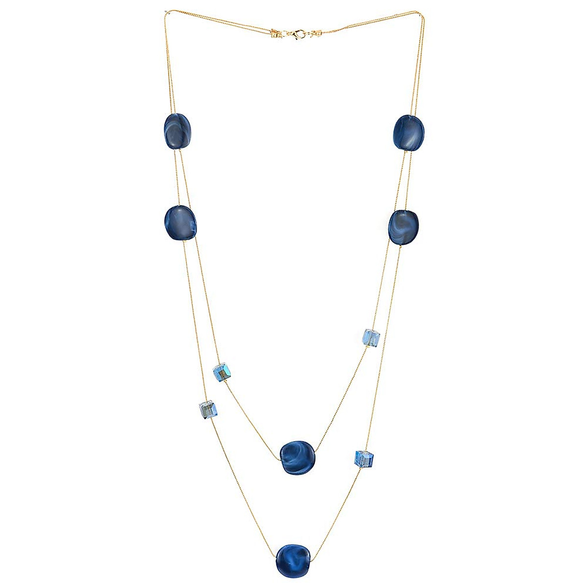 COOLSTEELANDBEYOND Elegant Gold Statement Necklace Two-Strand Long Chain with Blue Cube Crystal Beads and Circle Charms