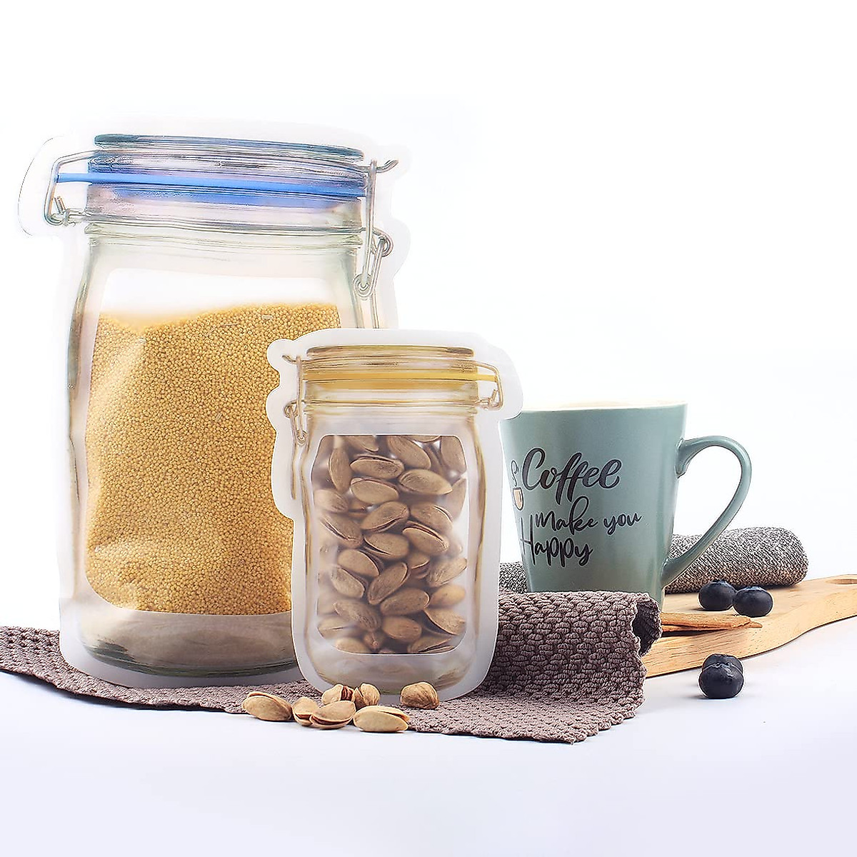 30Pcs Mason Jar Zipper Bags-Size：15 * 9.5cm- Reusable Airtight Seal Food Storage Bags for Kitchen,Camping,Travel By Amber&Sean(Large)