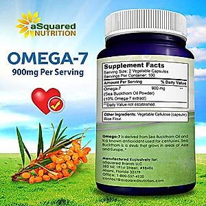 Purified Omega 7 Fatty Acids - 200 Capsules - from Natural Sea Buckthorn, XL Vitamin Supplement, No Fish Burp, Vegan Omega-7 Palmitoleic Acid, Compare to Omega 3 6 9 for Complete Weight Loss Results