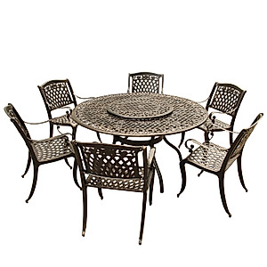 Oakland Living Rose Ornate Traditional Outdoor Mesh Lattice Aluminum 59 inch Bronze Round Dining Set with Lazy Susan and Six Chairs