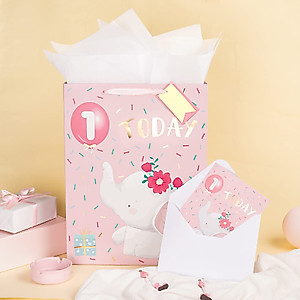 WRAPAHOLIC 16.5" Extra Large 1st Birthday Gift Bag with Card and Tissue Paper - Adorable Elephant Design for Baby Girl, Baby Shower, Party
