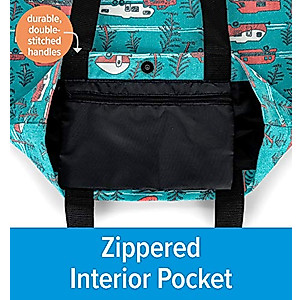 Camco Life Is Better at The Campsite Tote Bag | Features Teal Camper/RV Theme | Fully Lined Interior with Zippered Interior Pocket (53269) White Large