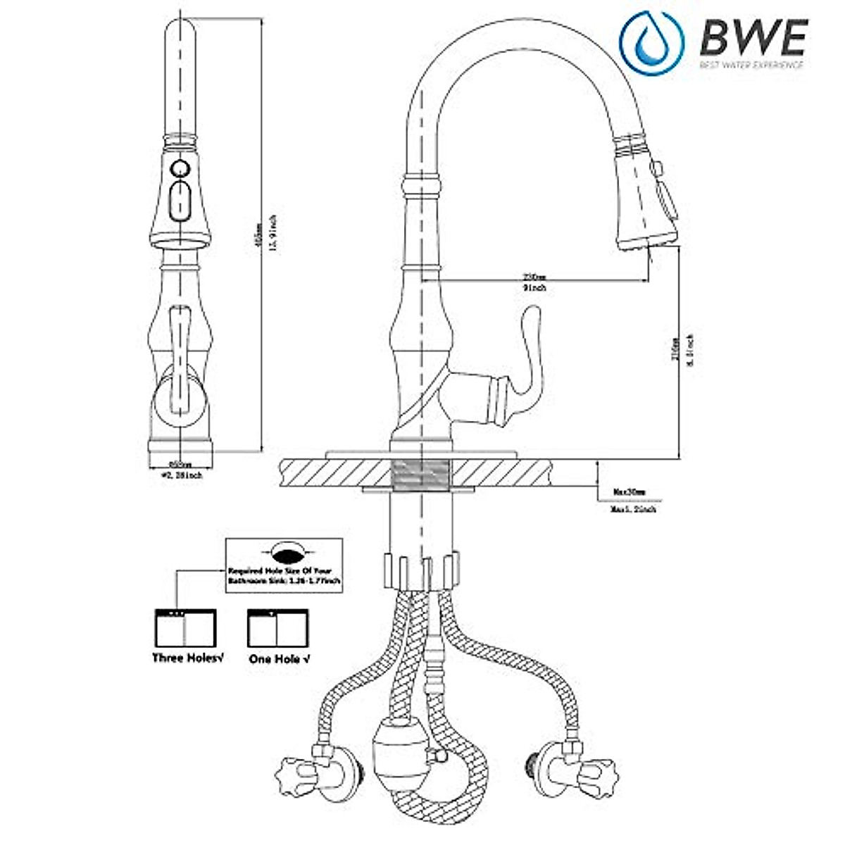 Kitchen Faucet Brushed Nickel with Pull Out Sprayer Commercial High Arc 3 Functions Farmhouse Faucet for Kitchen Sink Single Handle Single Hole with Deck Plate Kitchen Faucets by BWE