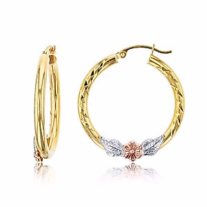 14K Tricolor Diamond Cut Gold Flower Hoop Earrings | 3x30mm Hoop | Earrings For Sensitive Ears | Tricolor Hoops | Small Hoop Earrings | Solid Gold Earrings For Women