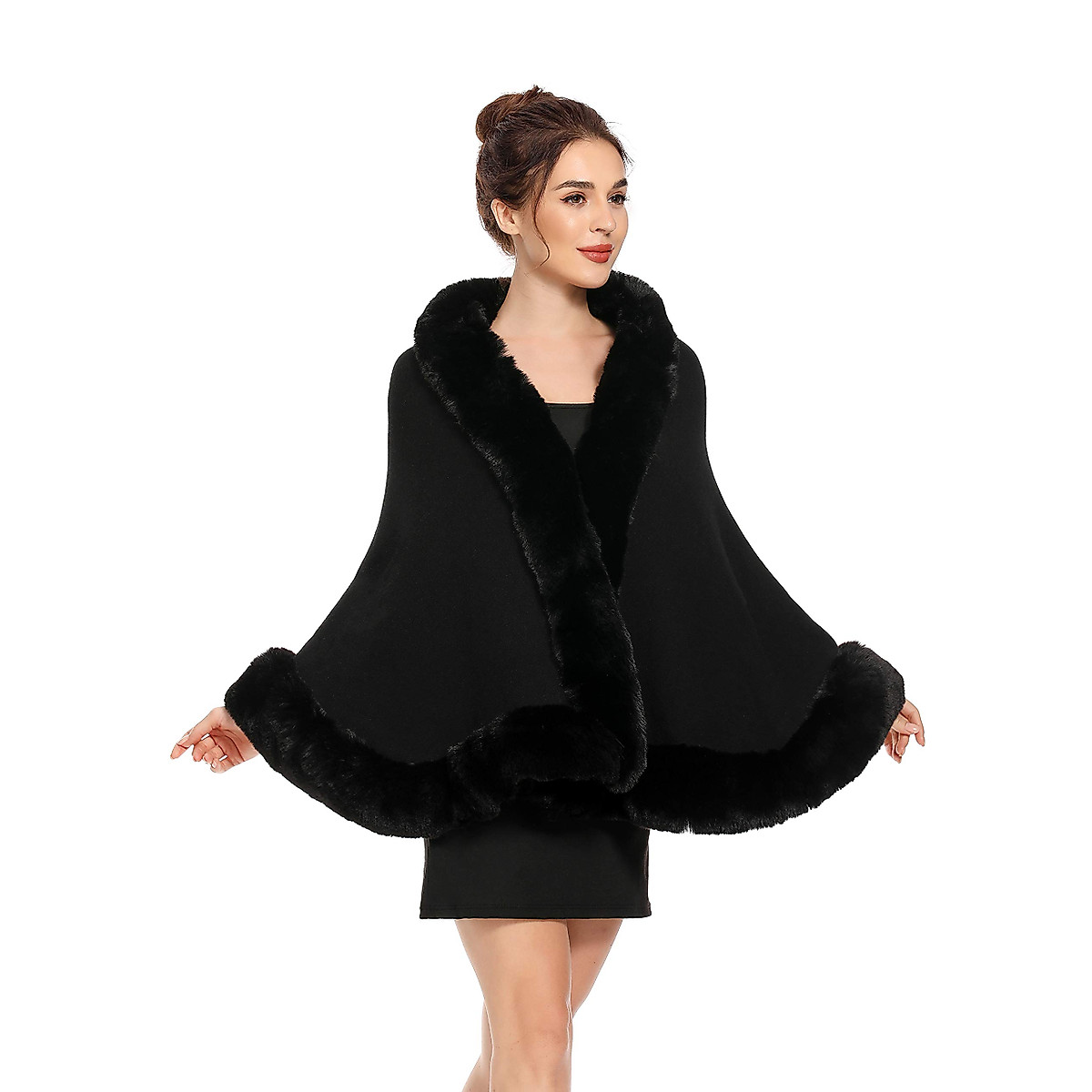 ZLYC Women Winter Faux Fur Shawl Stole Warm Wrap Cape (Black)