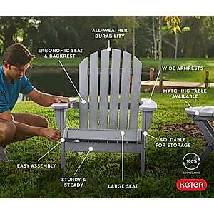 Keter Willoughby Folding Adirondack Chair with Weatherproof Finish, Outdoor Furniture for Entertaining by The Pool, Patio, and Fire Pit, Easy Assembly for Sturdy and Steady Outdoor Seating, Gray