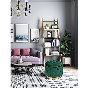 DEERUN Modern Velvet Tufted Button Upholstered Round Storage Ottoman Foot Rest Stool, Vanity Stool, Green