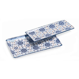 Bico Blue Talavera Ceramic 14 inch Rectangular Serving Platter, Set of 2, for Serving Salad, Pasta, Cheese, Ham, Appetizer, Microwave & Dishwasher Safe