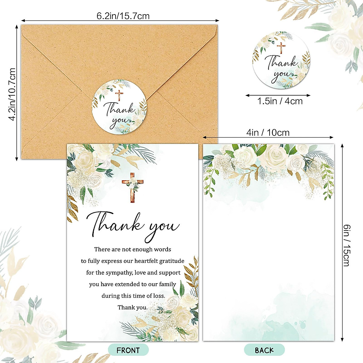 BYBOUS 50 Pack Funeral Thank You Cards with Envelopes, 4×6 In Watercolor Flowers Sympathy Thank You Cross Bereavement Card for Funeral Memorial Family Friends Loved Ones Celebration of Life