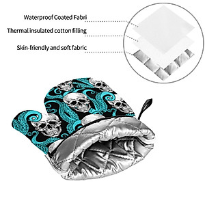 Skull Oven Mitts and Pot Holders 4pcs Sets，Funny Kitchen High Heat Resistant Oven Mitts，with Oven Gloves and Hot Pads Pot Holders for Baking Cooking BBQ Grilling