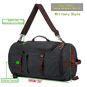 BAOSHA Canvas Weekender Travel Duffel Backpack Hybrid Hiking Rucksack Laptop Backpack for Outdoor Sports Gym HB-26(Black)