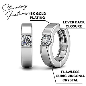 Cate & Chloe Charlie 18k White Gold Plated Hoop Earrings with Crystals, Small Crystal Hoops for Women, Solitaire Stone Silver Round Ring Earring Set