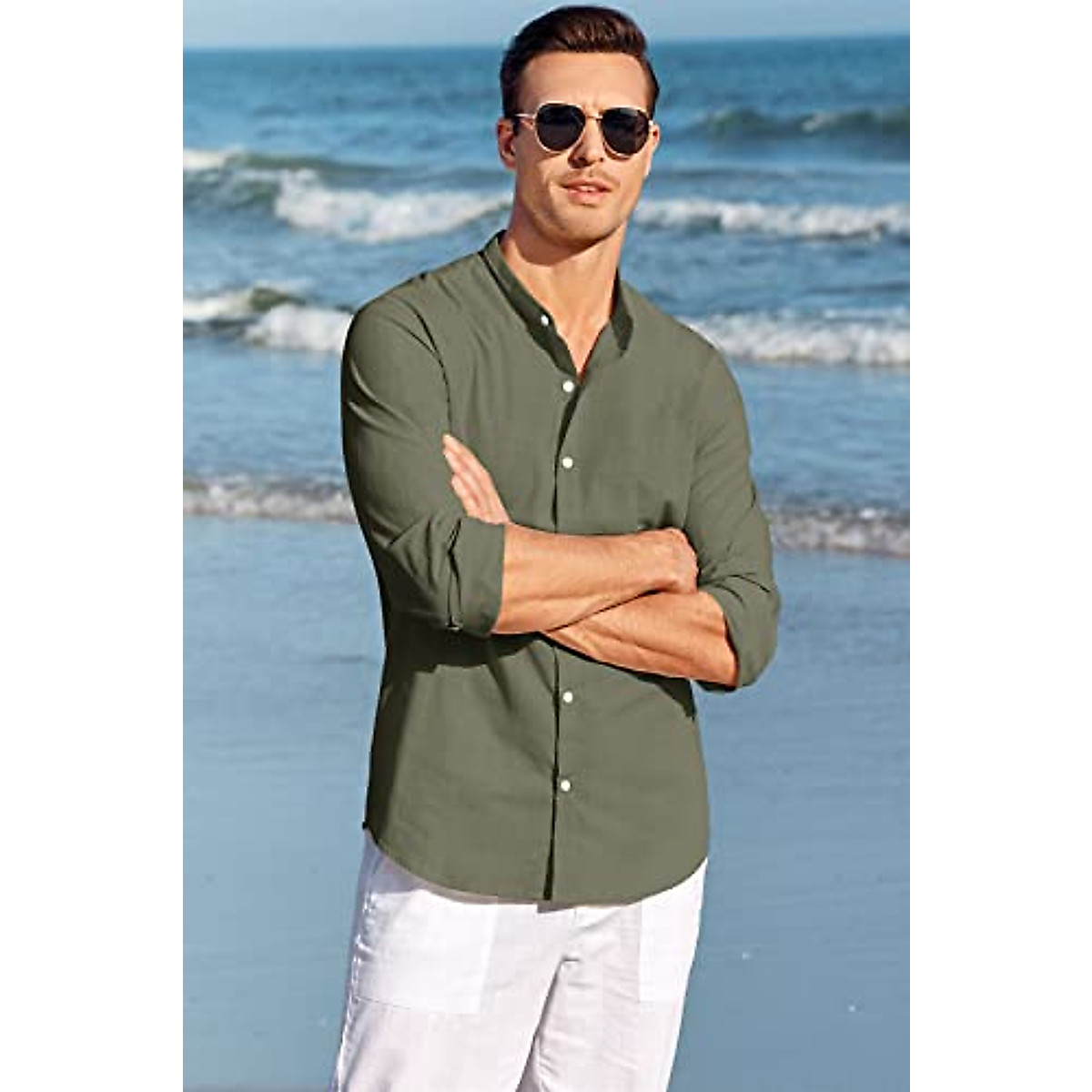 Makkrom Men's Cotton Linen Shirts Long Sleeve Button Down Band Collar Summer Beach Shirt Top Army Green