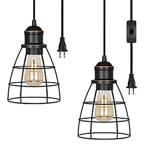 DEWENWILS Plug in Pendant Light, Black Farmhouse Cage Pendant Light Fixtures with 15FT Cord, Hanging Lights for Bedroom, Kitchen Island, Dining Hall, E26 Base Socket, 2 Pack, UL Listed
