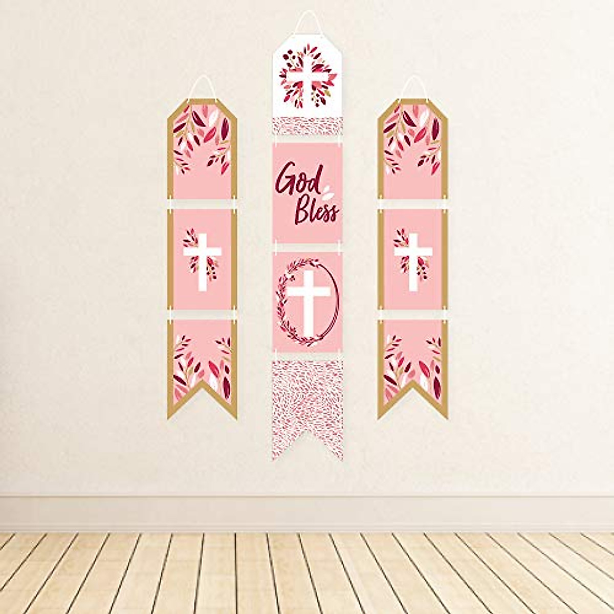Big Dot of Happiness Pink Elegant Cross - Hanging Vertical Paper Door Banners - Girl Religious Party Wall Decoration Kit - Indoor Door Decor