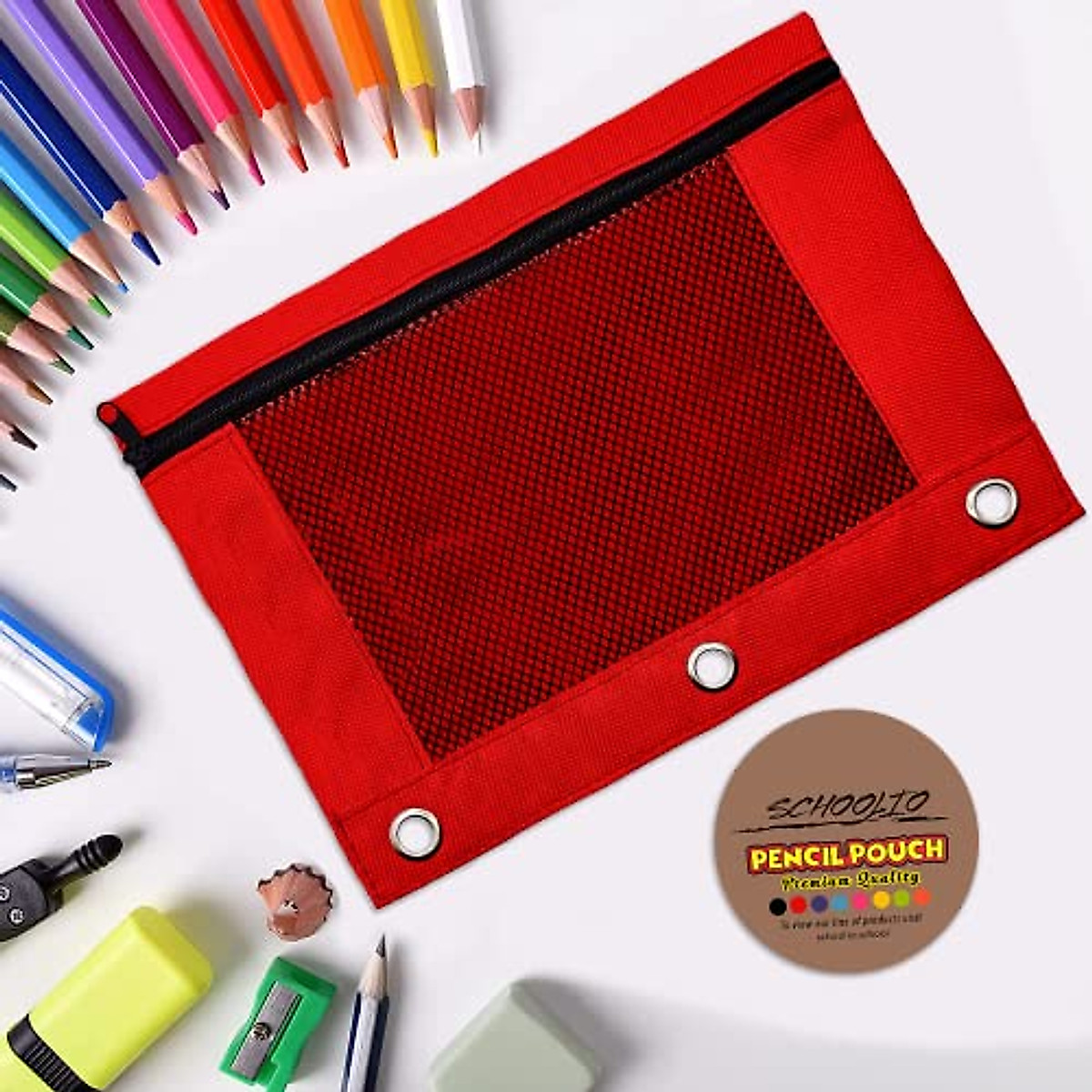 SCHOOLIO Pencil Pouch for 3 Ring Binder | Special Pencil Case Colored Red for Kids and Adults | Zipper Pencil Pouch Pen and Pencil Holder Multipurpose Binder Pouch