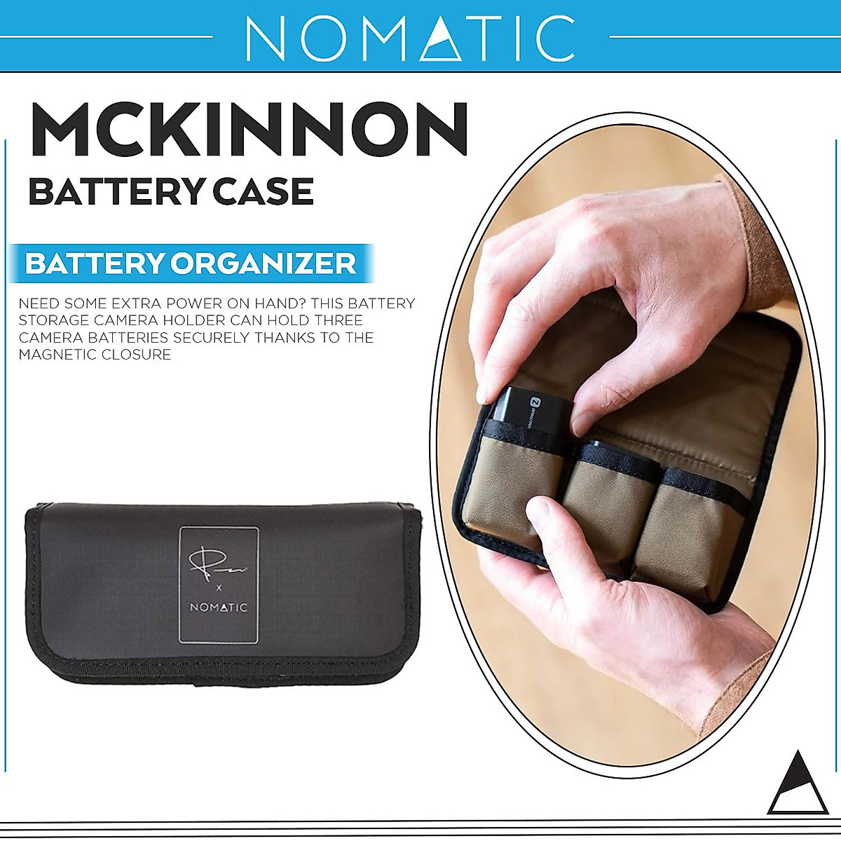 NOMATIC McKinnon Battery Case - DSLR Camera Battery Holder Organizer with Magnetic Closure for 3 Batteries