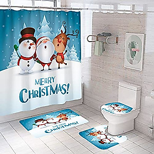 JOINSI 4 Pcs Christmas Snowman Shower Curtain Sets with Rugs, Toilet Lid Cover, Bath Mat, 12 Hooks for Xmas Holiday Decorations (71 Inch x 71 Inch) (Snowman)