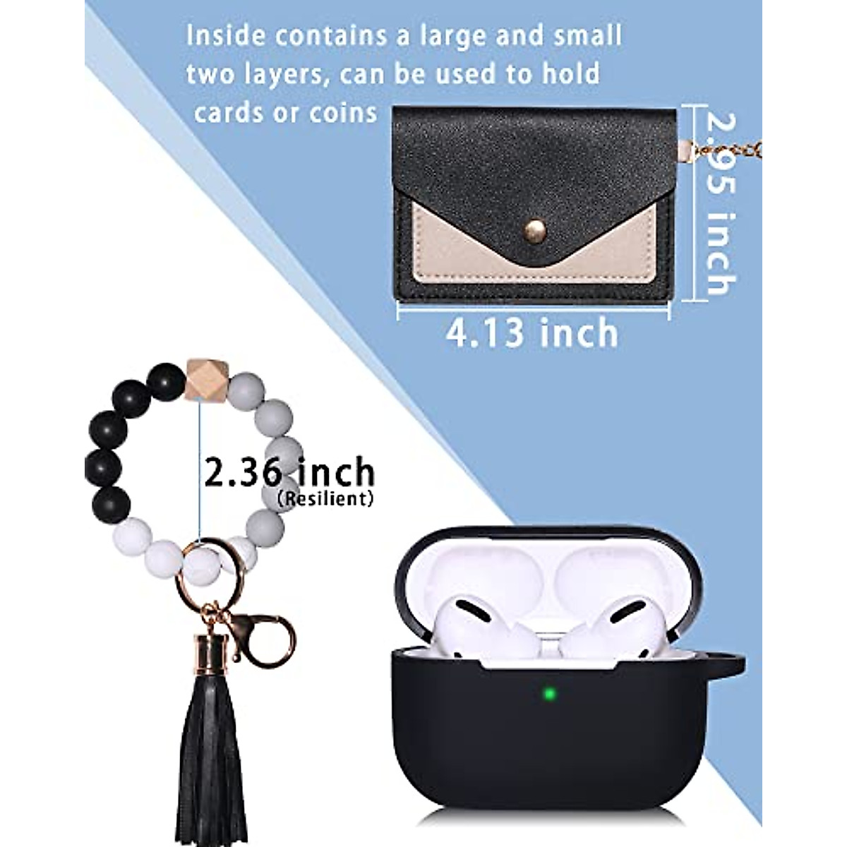 4-in-1 for AirPods Pro 1st Generation Case Cover Accessories Set Kit, Cute for AirPod Pro Case Skin with Fur Ball Pompom/Wristlet Bracelet Keychain/Credit Card Holder Purse for Women and Girls Red