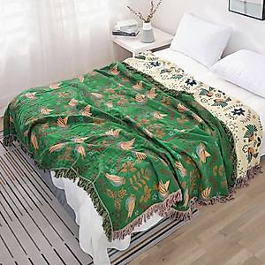 Skrmisda Bohemian Throw Blankets, Boho Birds 60 * 80 Inch Cotton Blanket for Bed Couch Camping Picnic Full Size Tassel Reversible Breathable Soft & Cozy Blankets (Green+Beige)