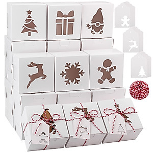 Fovths 24 Pieces Christmas Cookie Boxes 4 x 4 x 2.5 Inches White Bakery Pastry Boxes with Window Pie Gift Boxes Food Treats Container with Tags, Hemp Rope for Candy, Doughnuts, Cupcakes, Gifts
