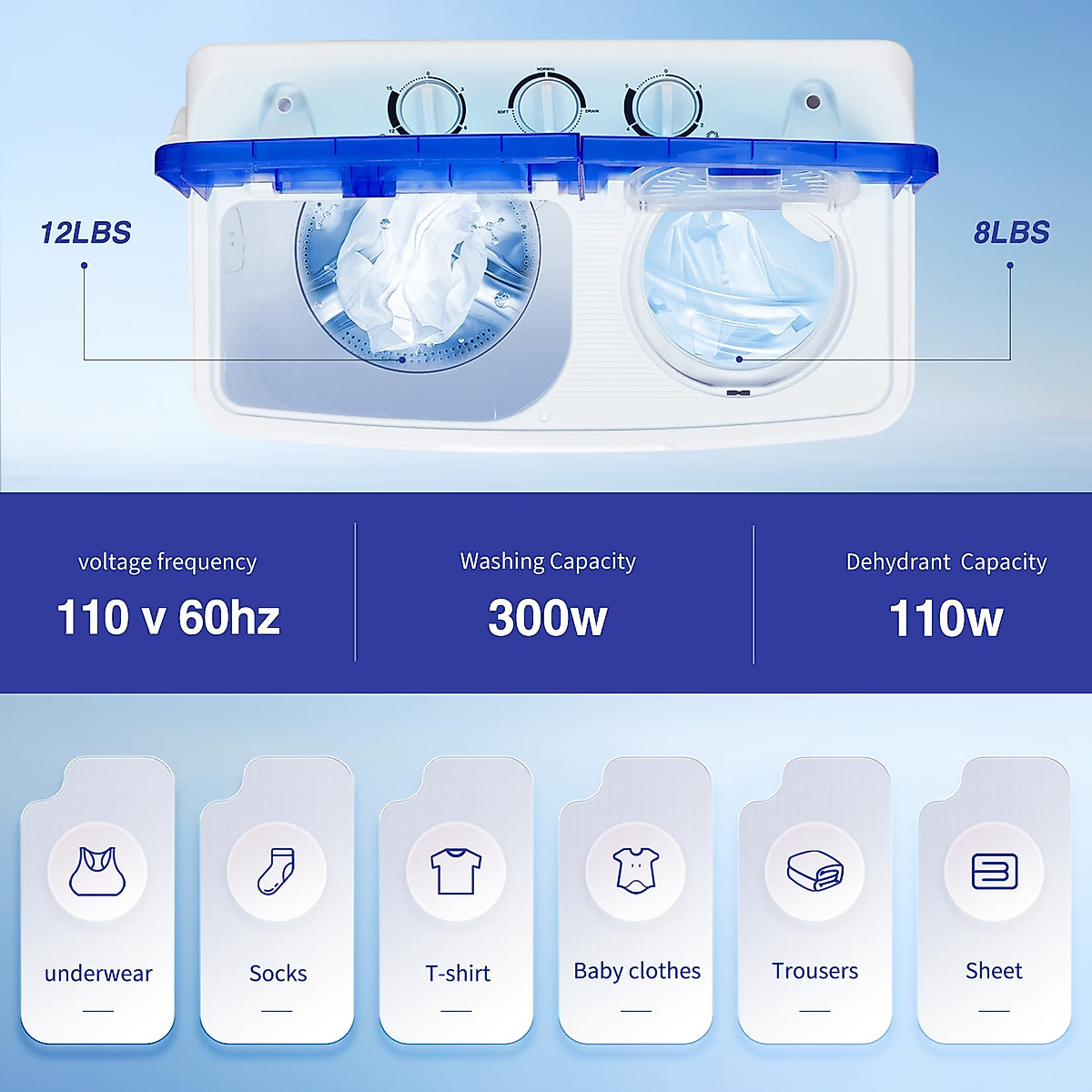 OUTGAVA Washing Machine,20lbs Capacity Twin Tub Laundry Washer w/Gravity Drain, Semi-automatic Laundry Machine for Dormitory Apartments,College, RV, Camping,Portable Machine for Laundry,Blue