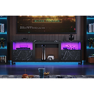 Bestier 70 Inch TV Stand with LED Lights for 80 Inch TV, Black Marble Entertainment Center with Storage Cabinets for Living Room Bedroom, Large TV Console Table with Adjustable Shelf, Easy Assembly