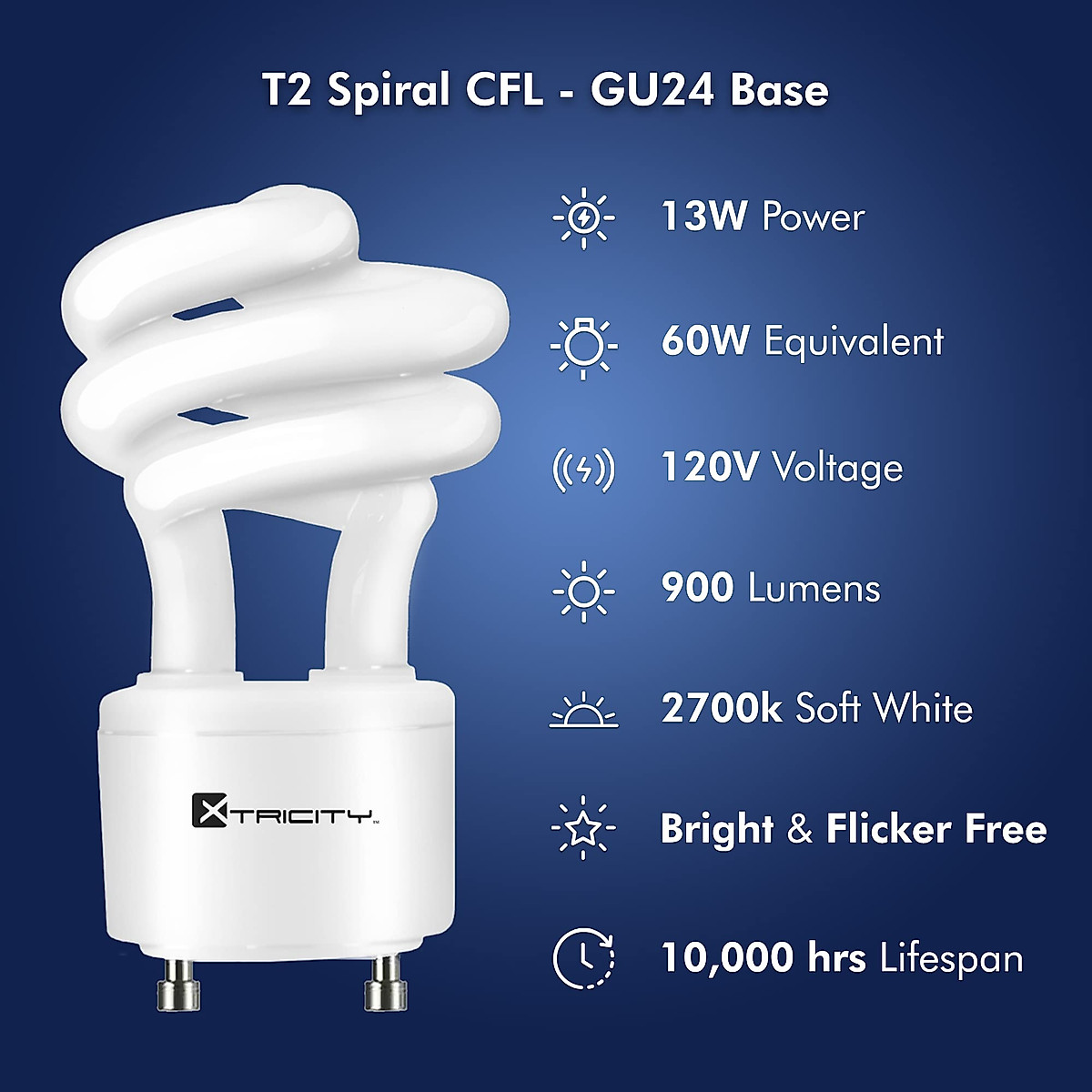 Xtricity Compact Fluorescent GU24 2 Prong Light Bulb Base, T2 Mini Spiral, 13W (60 Watt Equivalent), 2700k Soft White, 900 Lumens, CFL, 120V, UL Listed (2 Pack)